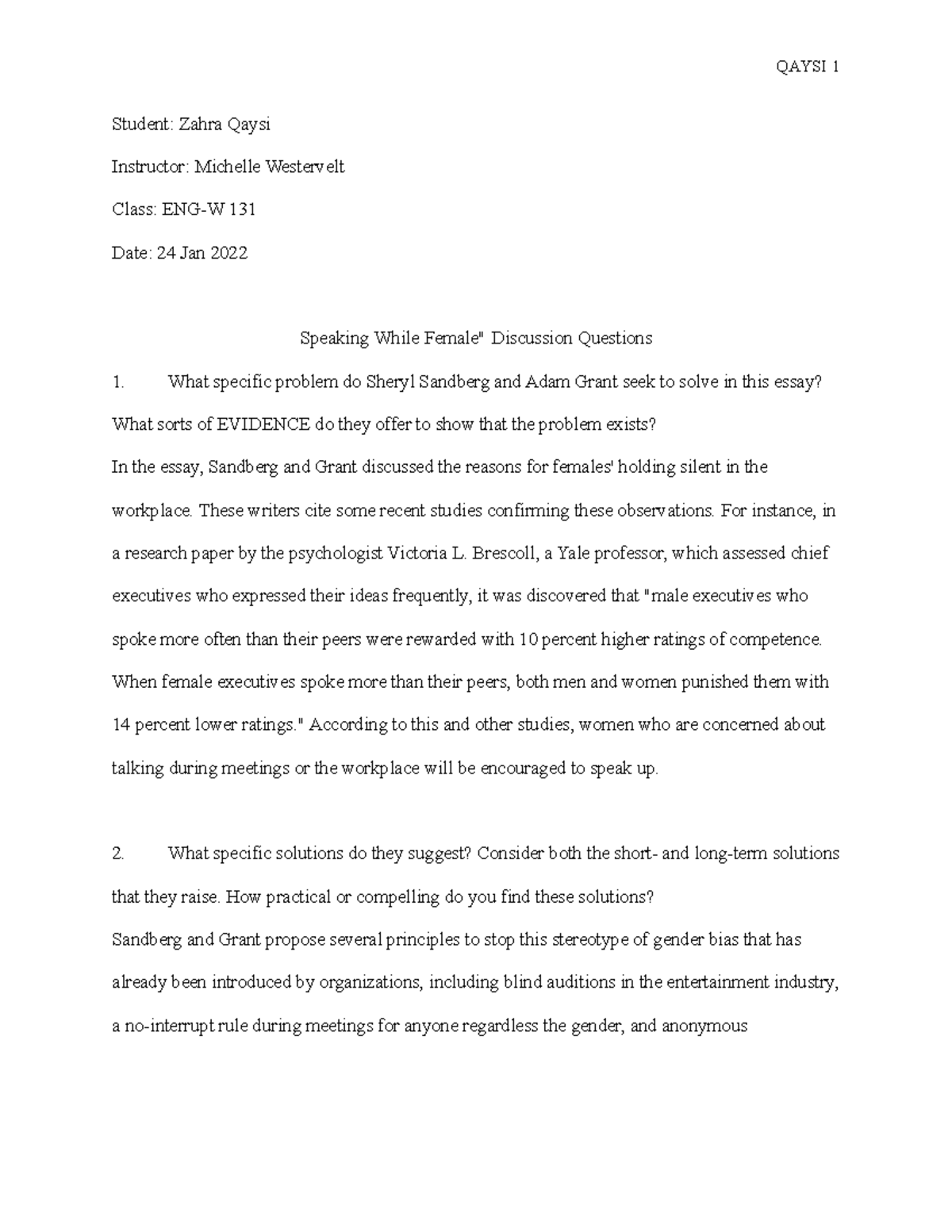 Speaking While Female Question Answers - QAYSI 1 Student: Zahra Qaysi ...