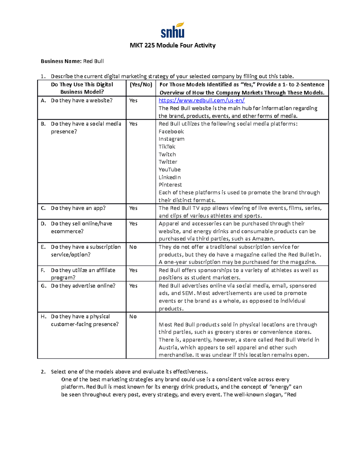 MKT 225 Module Four Activity - MKT 225 Module Four Activity Business ...