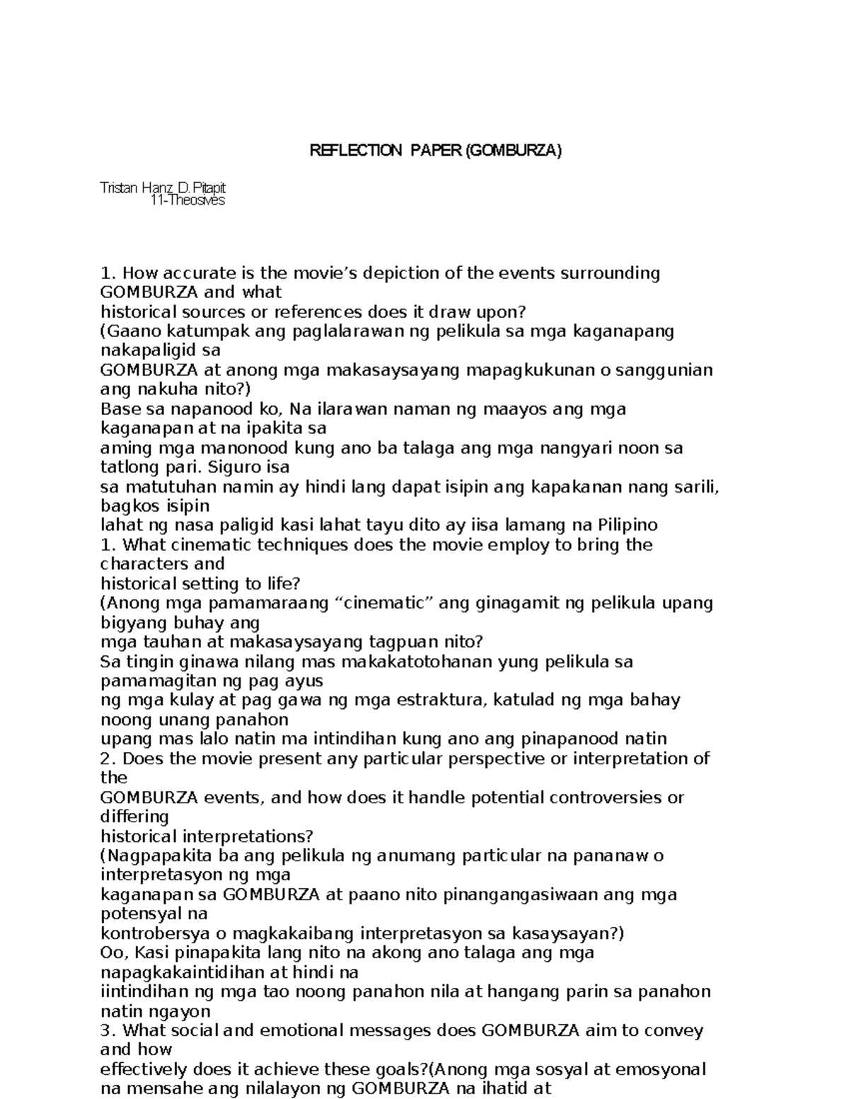 Gomburz - iasdg ajsd asjdnas - REFLECTION PAPER (GOMBURZA) Tristan Hanz ...