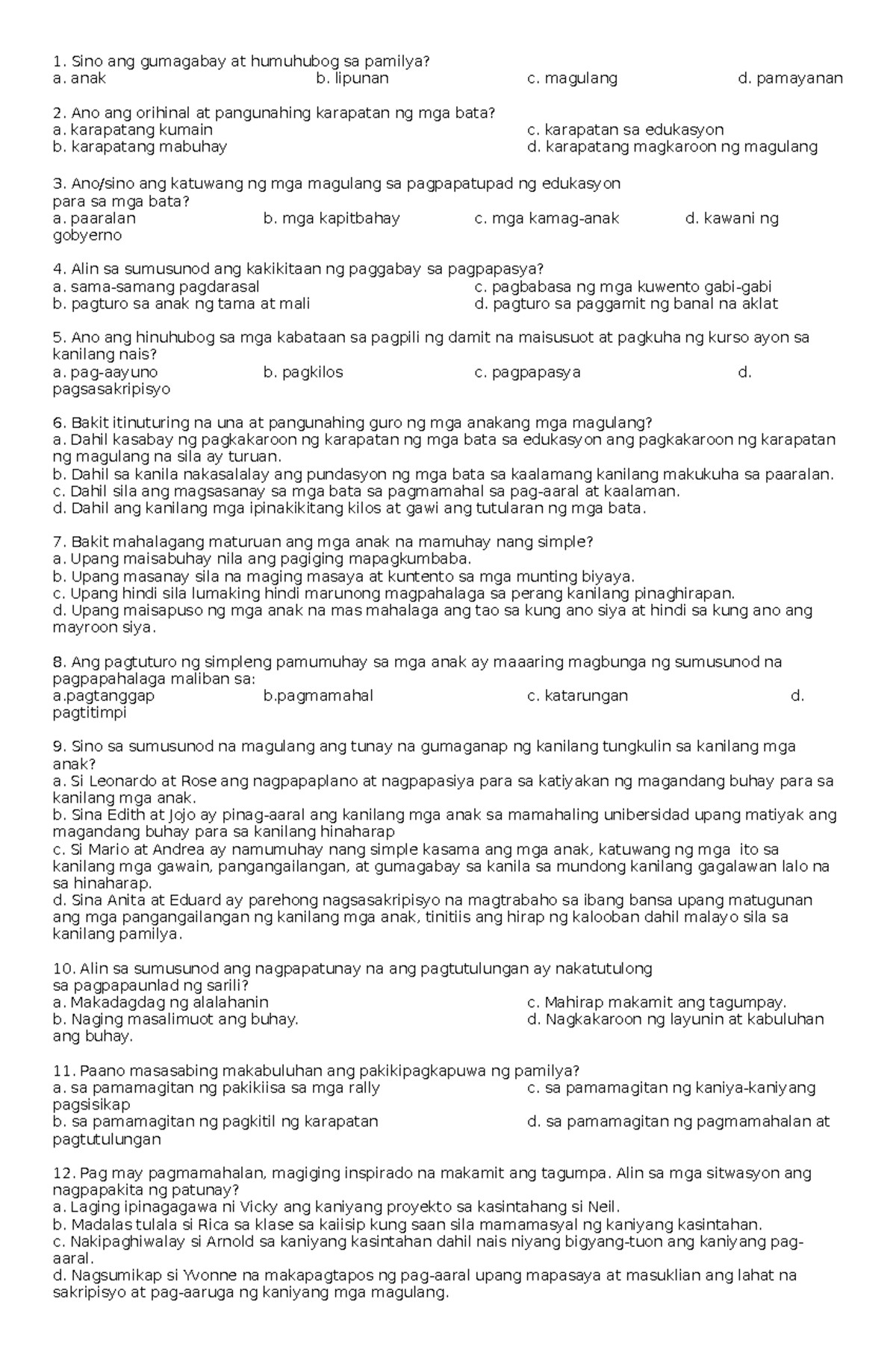 Esp exam 1 - Examination for esp - Sino ang gumagabay at humuhubog sa ...