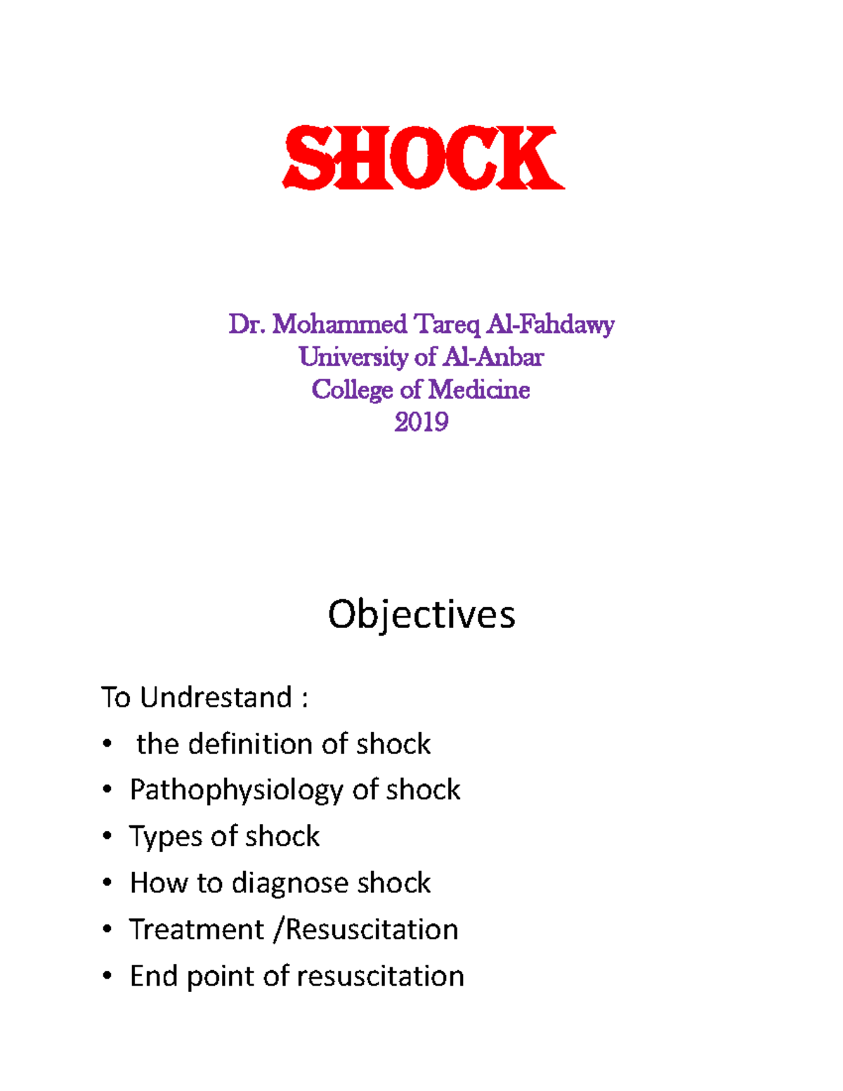 The definition of shock - Shock Dr. Mohammed Tareq Al-Fahdawy ...