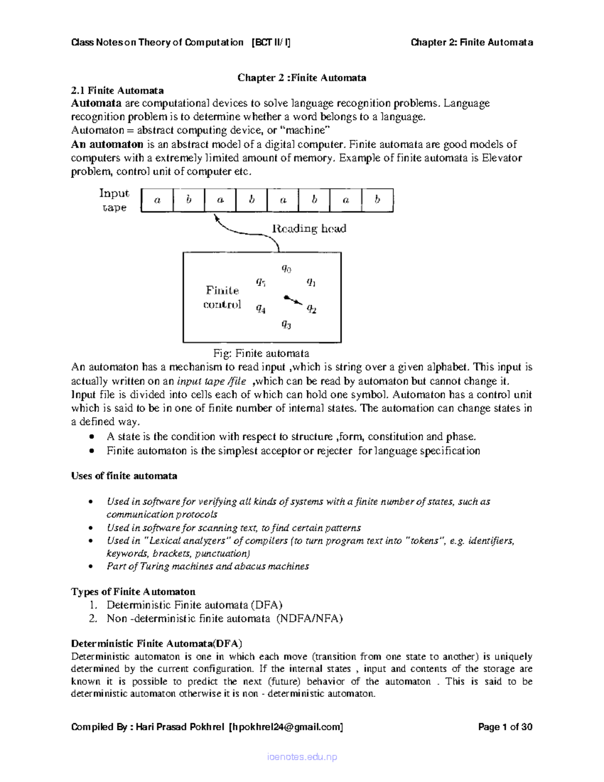 Chapter 2 Finite Automata Compiled By Hari Prasad Pokhrel [hpokhrel24 Gmail] Page 1 Of 30