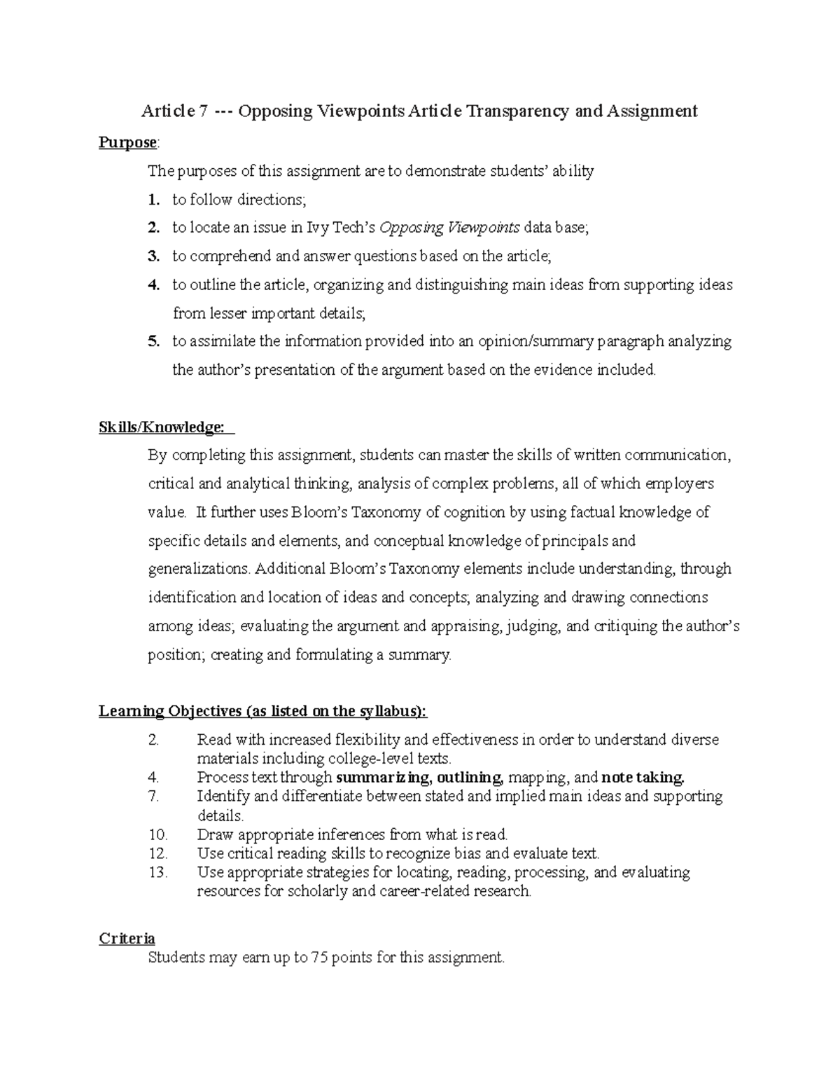 Article 7 Opposing Viewpoints Transparency and Assignment - Article 7 ...