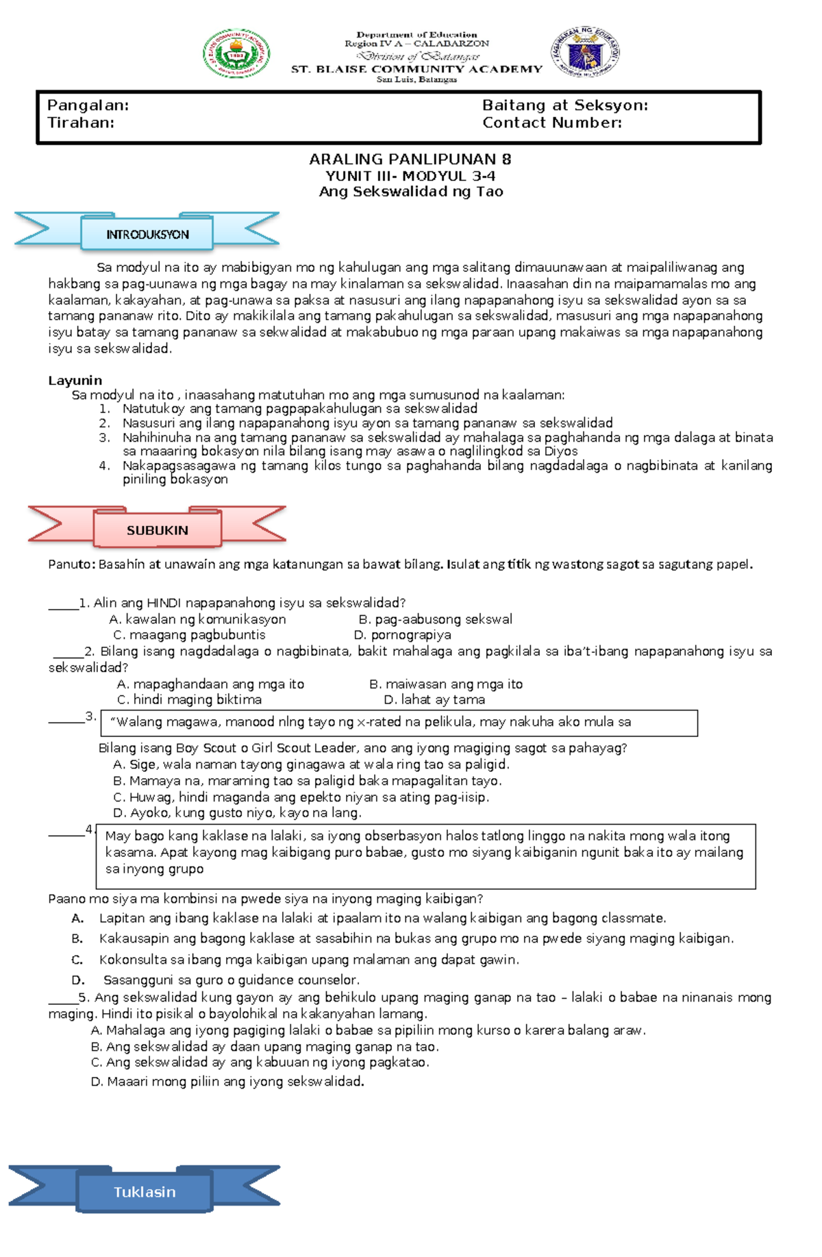 Grade 8 esp module 3-4 4th - ARALING PANLIPUNAN 8 YUNIT III- MODYUL 3 ...