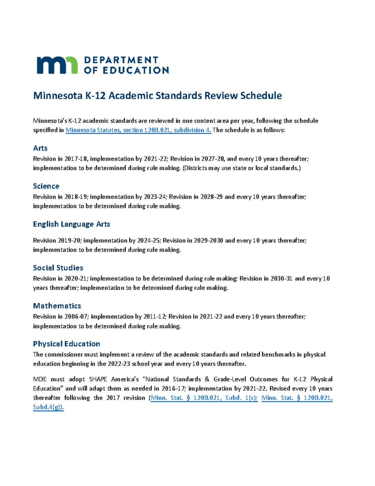 Minnesota K-12 Academic Standards Review Schedule - Minnesota K-12 ...