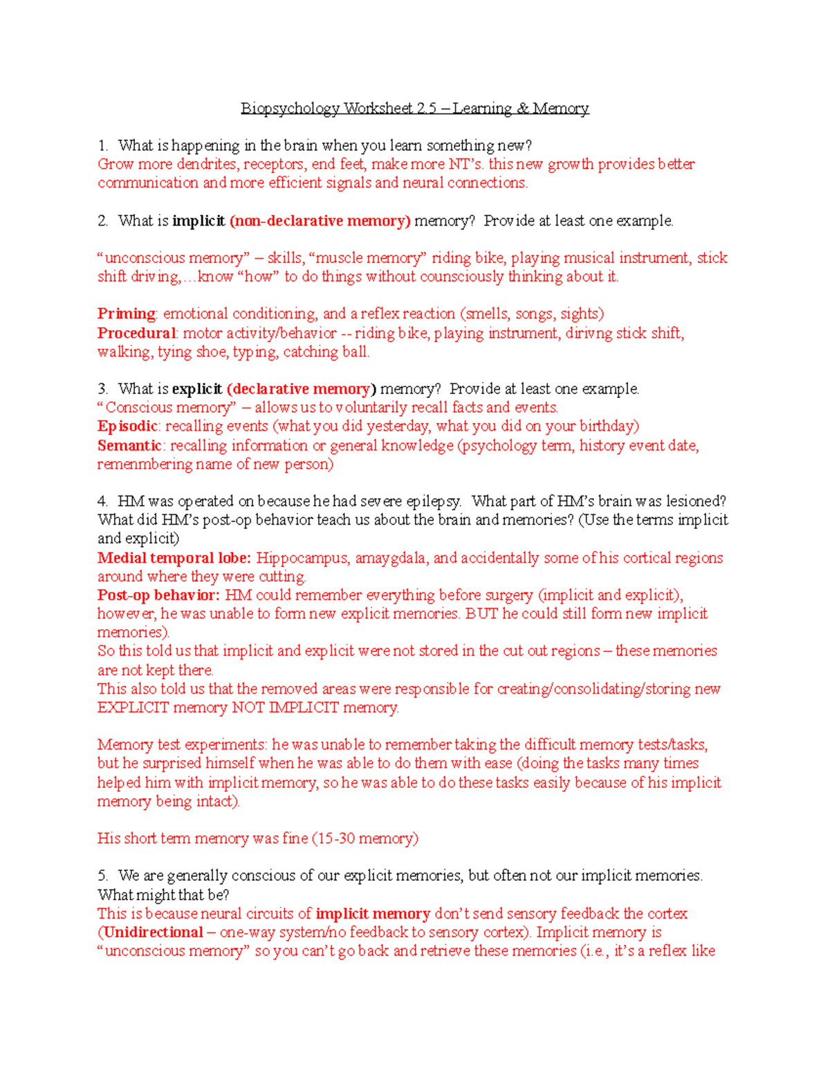 2.5 - Learning Memory - N/A - Biopsychology Worksheet 2 Learning Memory ...