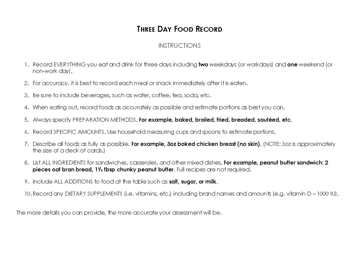 1 Baseline 3 DAY FOOD Record THREE DAY FOOD RECORD INSTRUCTIONS 1 
