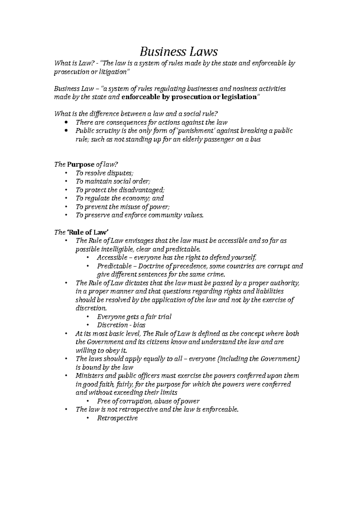Business Laws Summary Notes Business Laws What Is Law The Law Is