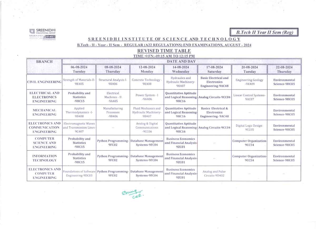 B.TECH II-II SEM REG SUP Revised TIME Table Aug - 2024 - SREENIDHI ...