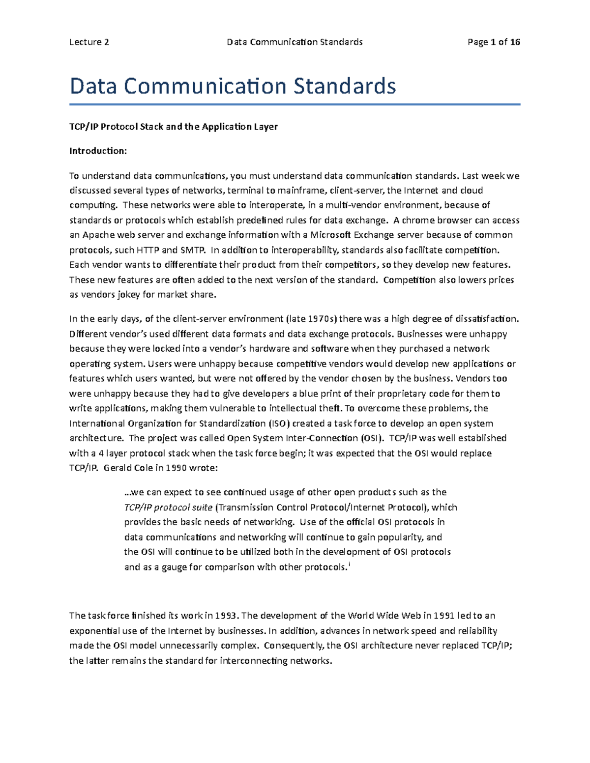 Lecture 2 Standard Org-2020-notes - Data Communication Standards TCP/IP ...