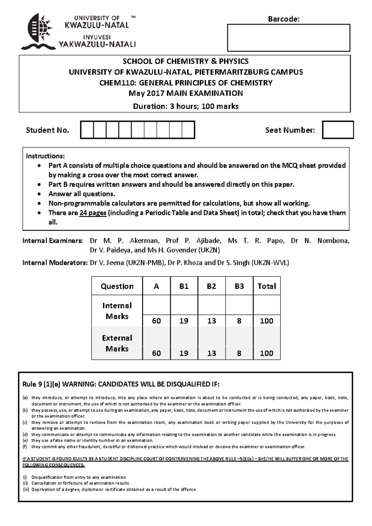 CHEM110 2017 Main - Barcode: SCHOOL OF CHEMISTRY & PHYSICS UNIVERSITY ...