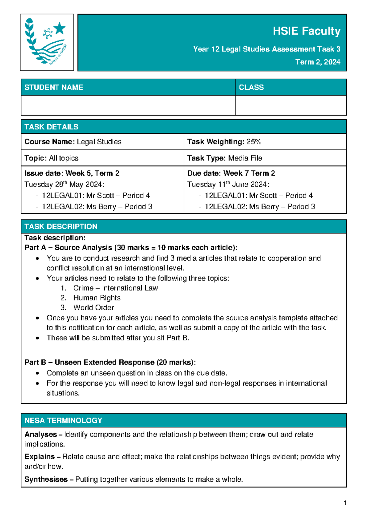 Year 12 Legal Studies Assessment Task 3 Notification - Year 12 Legal ...