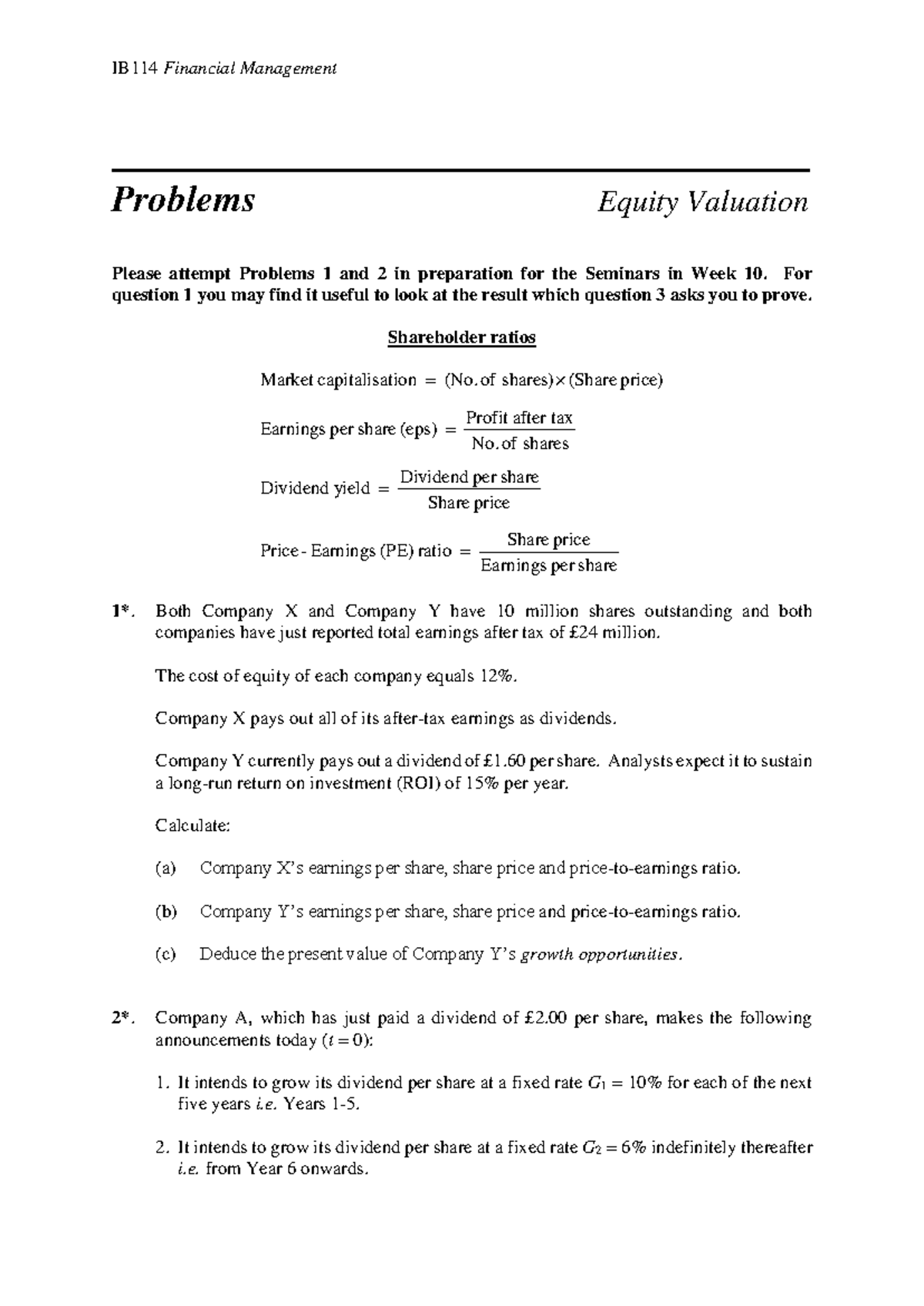 IB114 Seminar Questions 3 Equity Valuation - IB114 Financial Management ...