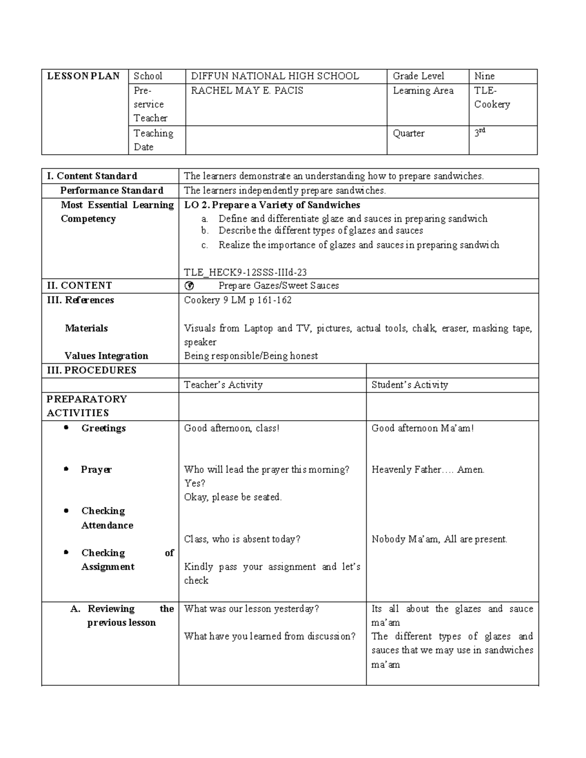 WEEK 5- DAY 2 Preparinng Sandwiches - LESSON PLAN School DIFFUN ...
