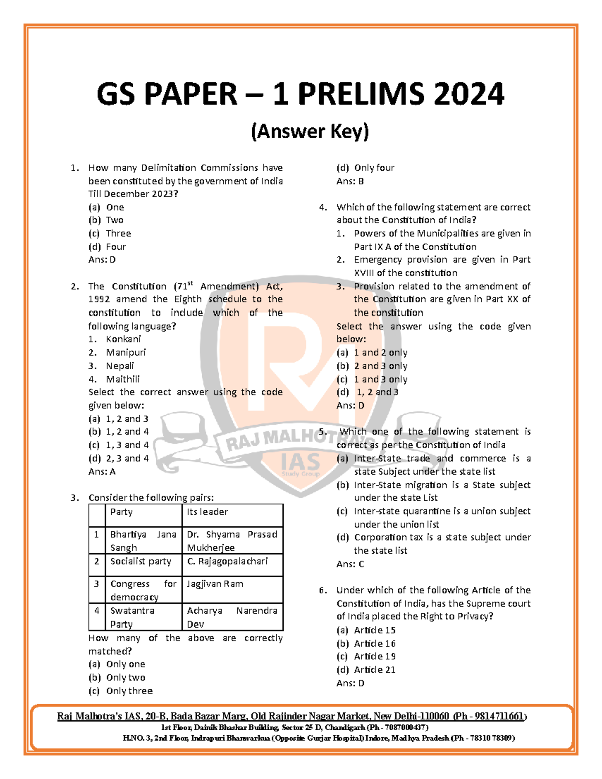 UPSC Prelims Paper 2024 - Solutions - Raj Malhotra’s IAS, 20-B, Bada ...
