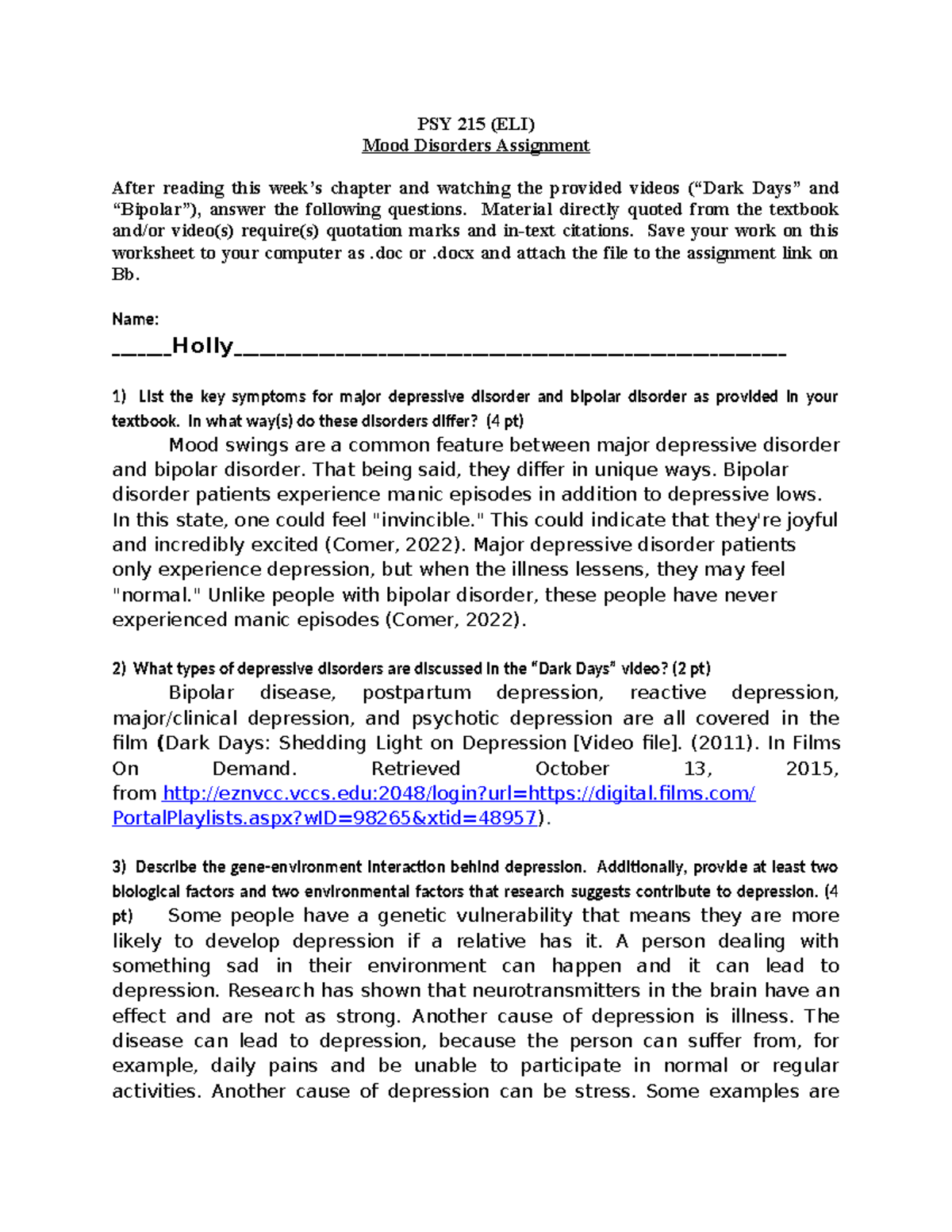 ELI mood disorders assignment worksheet - PSY 215 (ELI) Mood Disorders ...