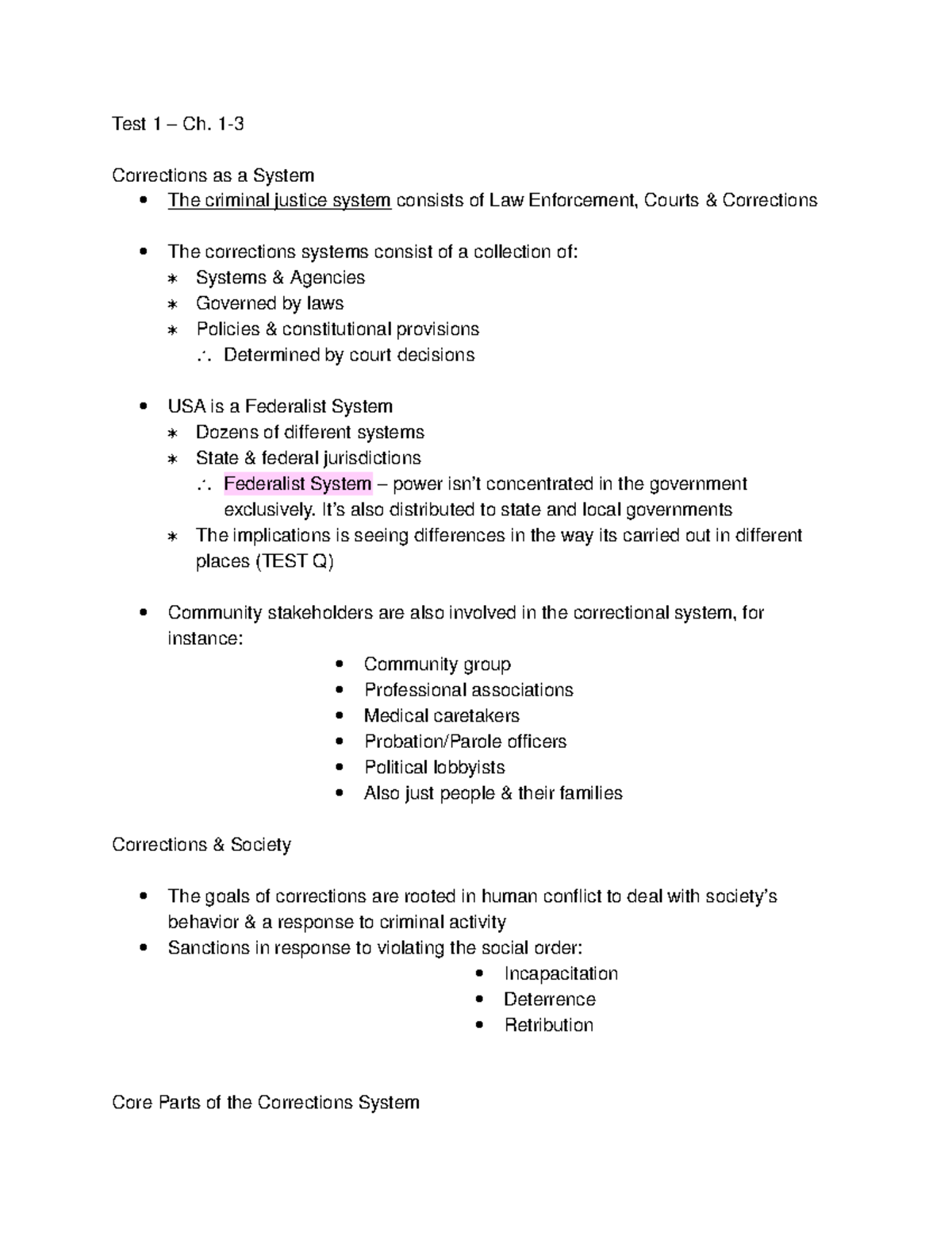 Police Notes 1 - Test 1 – Ch. 1- Corrections as a System The criminal ...