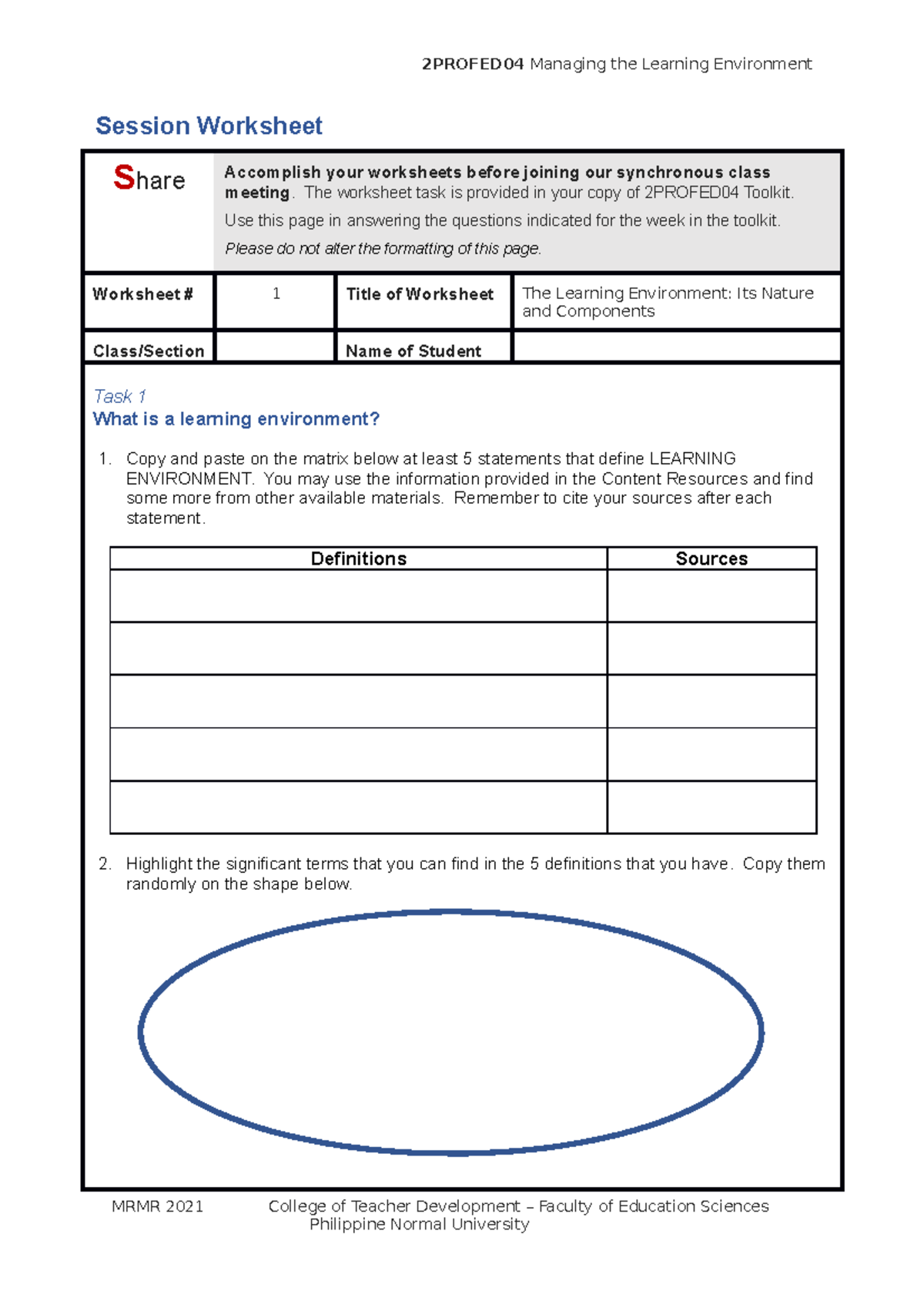 2 Profed 04 Managing the Learning Environment - Worksheet # 1 ...