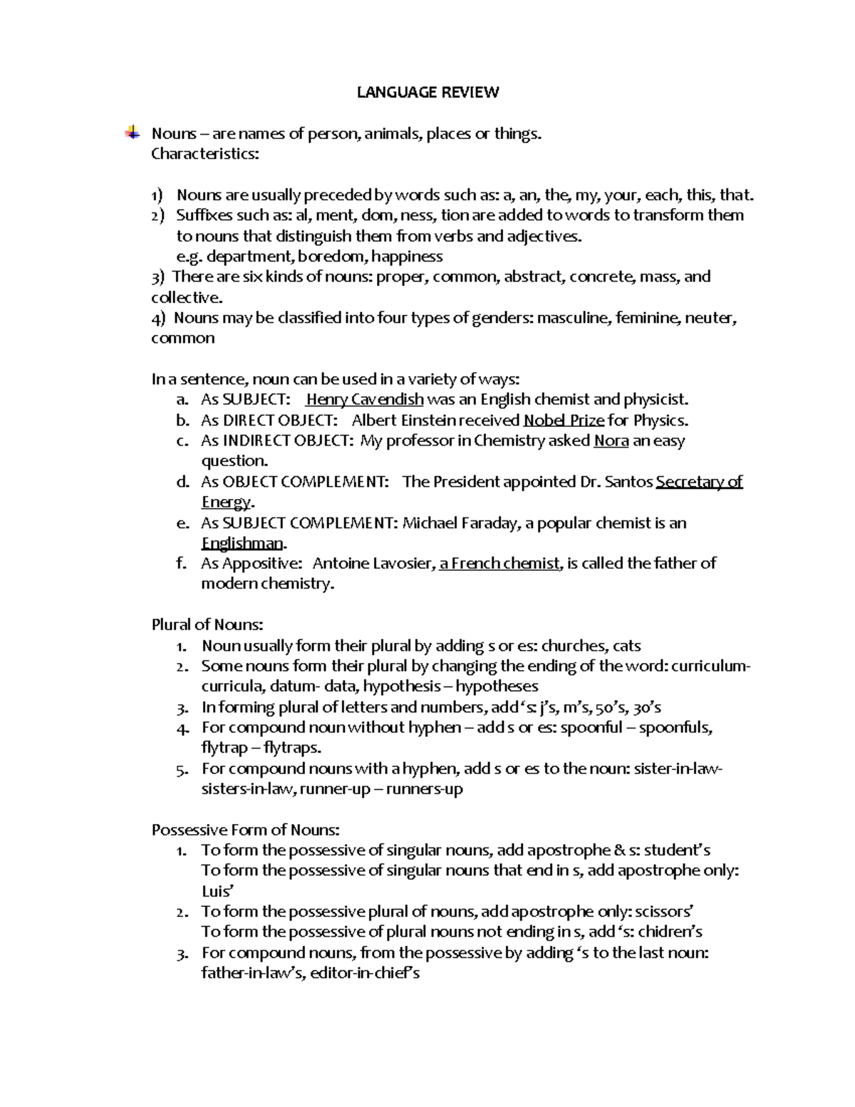 Language Review - NOUN, Pronoun, VERB - LANGUAGE REVIEW Nouns – are ...