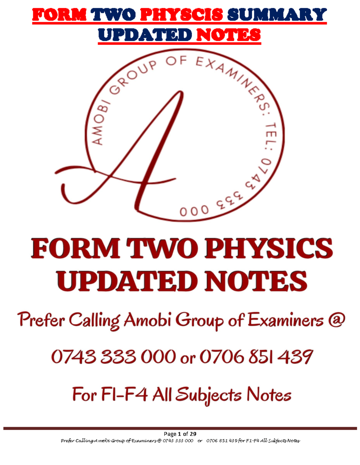 F2 PHY Summary Notes - Page 1 of 29 FORM TWO PHYSCIS SUMMARY UPDATED ...