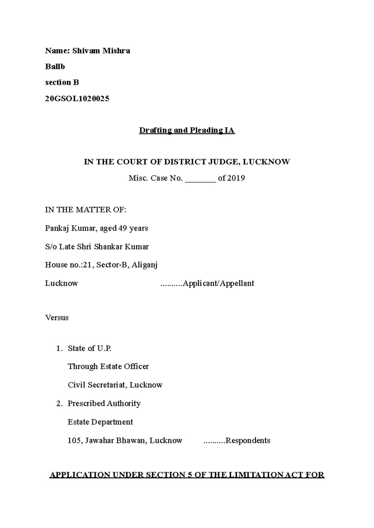 DRafting IA1 - Name: Shivam Mishra Ballb section B 20GSOL Drafting and ...