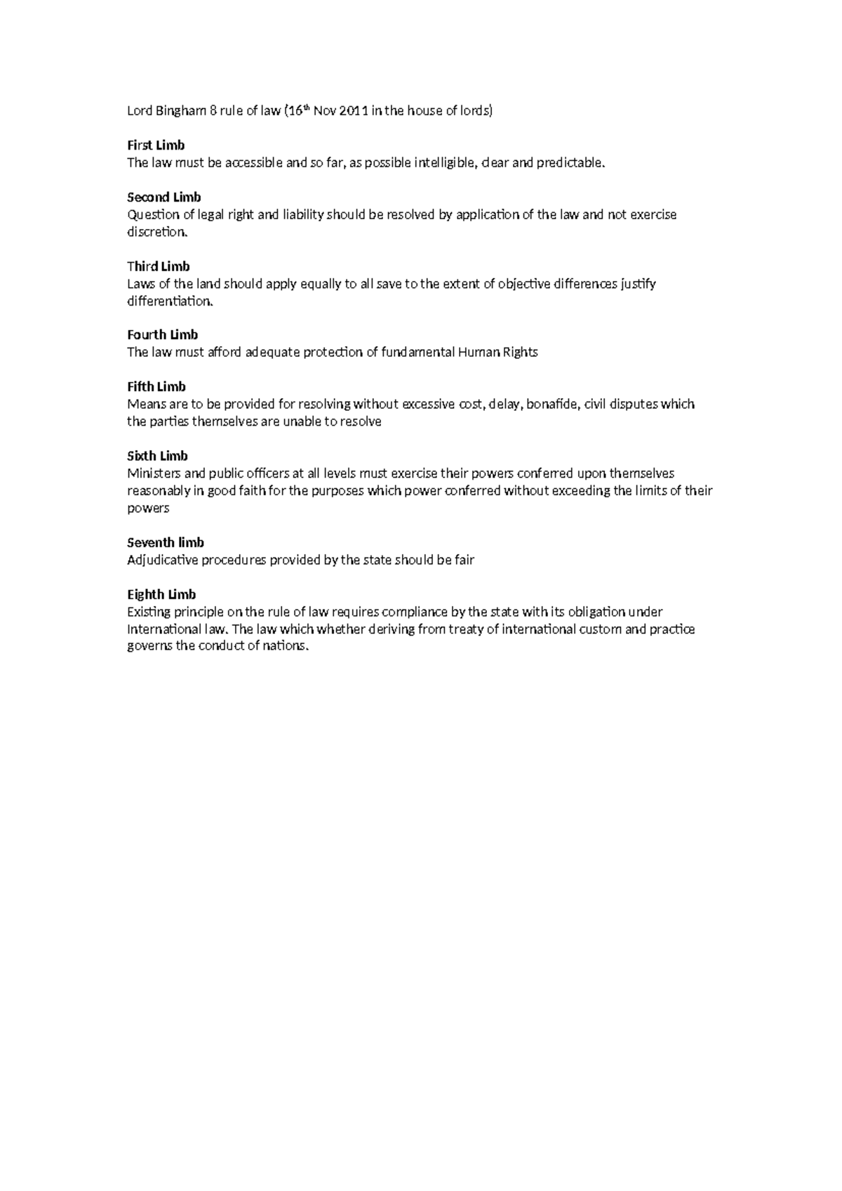 Lord Bingham 8 rule of law - Second Limb Question of legal right and ...