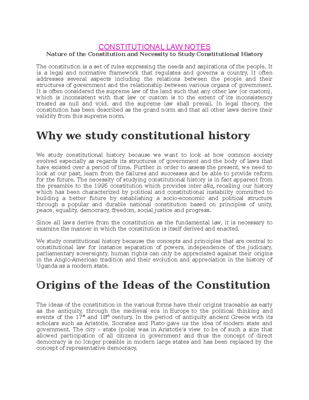 Constitutional History Notes - CONSTITUTIONAL LAW NOTES Nature of the ...