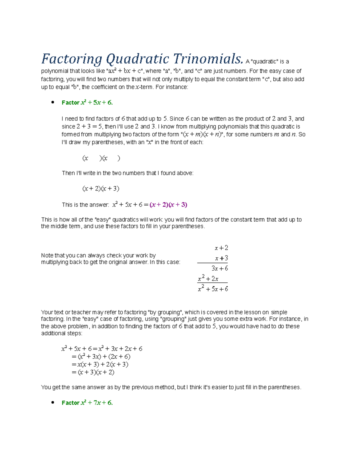 Lecture 20. Factoring Quadratic Trinomials - Factoring Quadratic ...