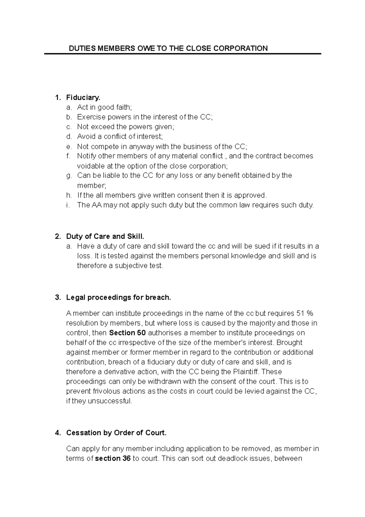 Duties Members OWE TO THE Close Corporation lecture 2 cc - DUTIES ...