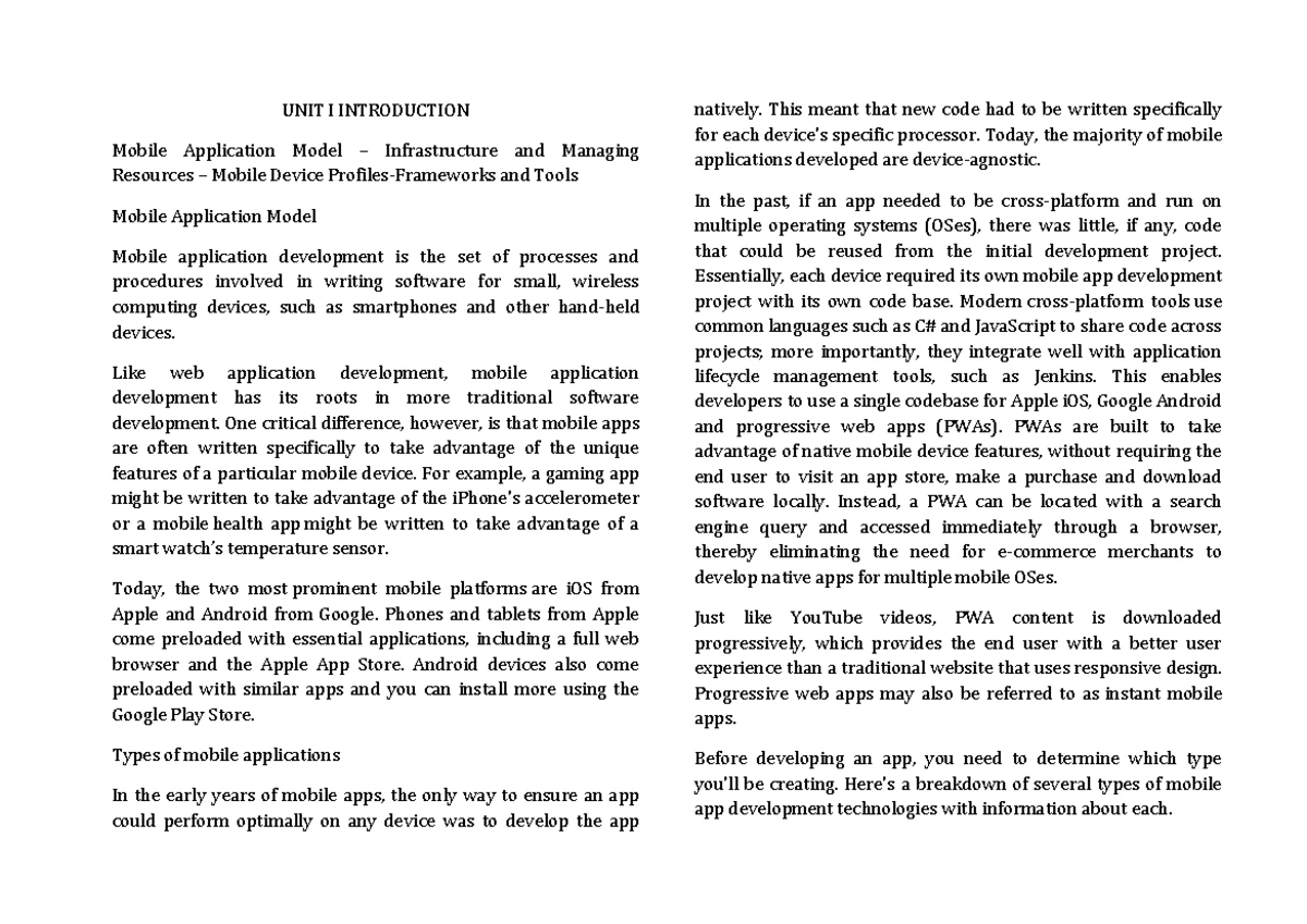 Unit I Introduction Mobile Application Development Notes Unit I Introduction Mobile