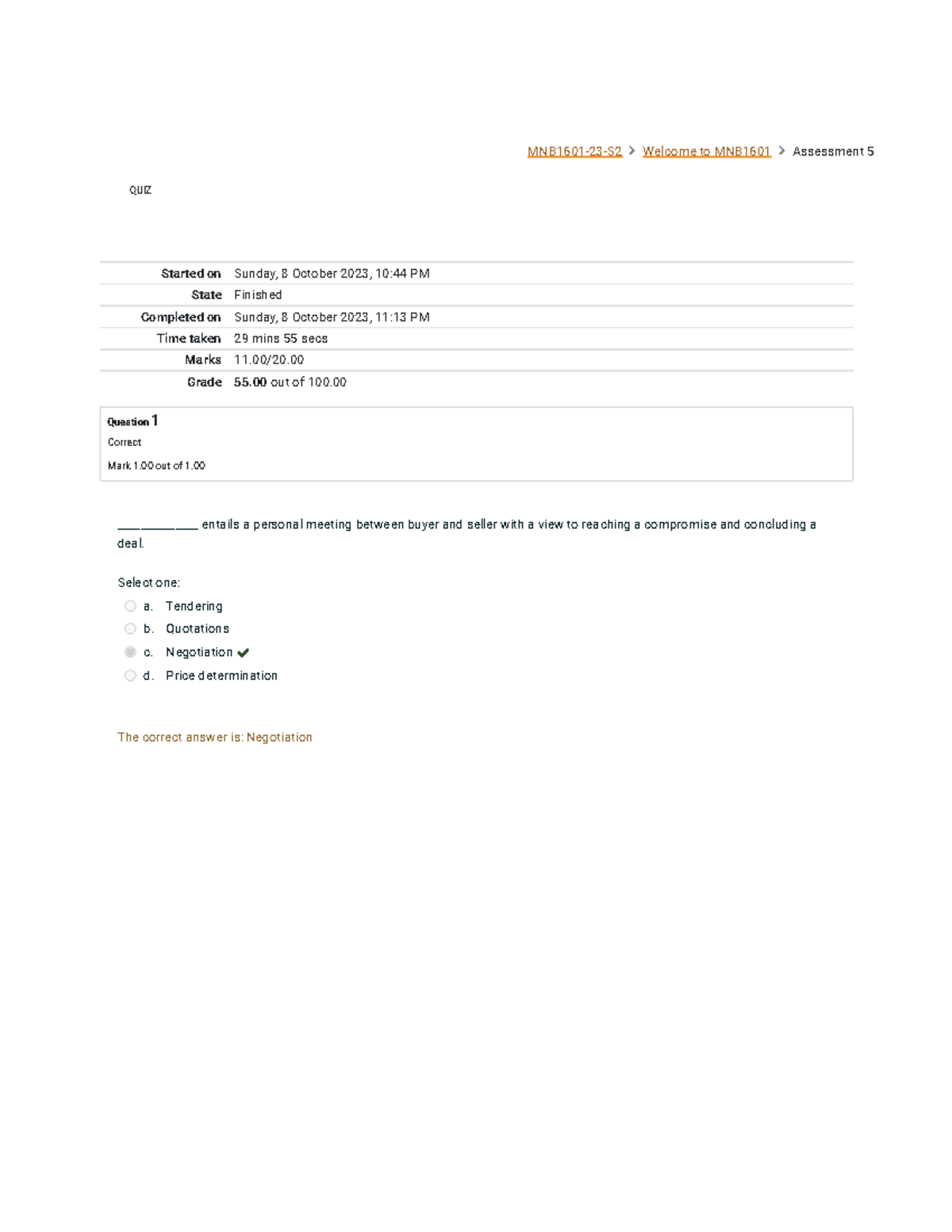 MNB1601 Assessment 5 Attempt review 1 - MNB1601-23-S2 Welcome to MNB1601 Assessment 5 Started on ...