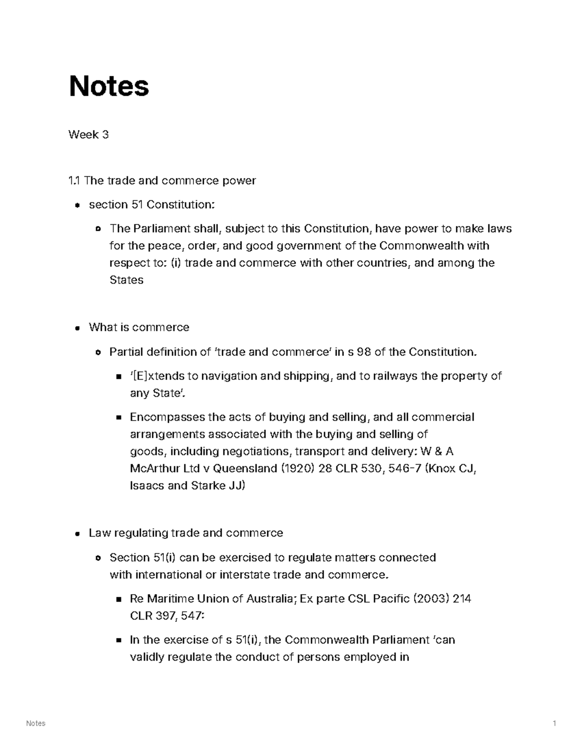 LLB203 Week 3 notes - Notes Week 3 1 The trade and commerce power ...