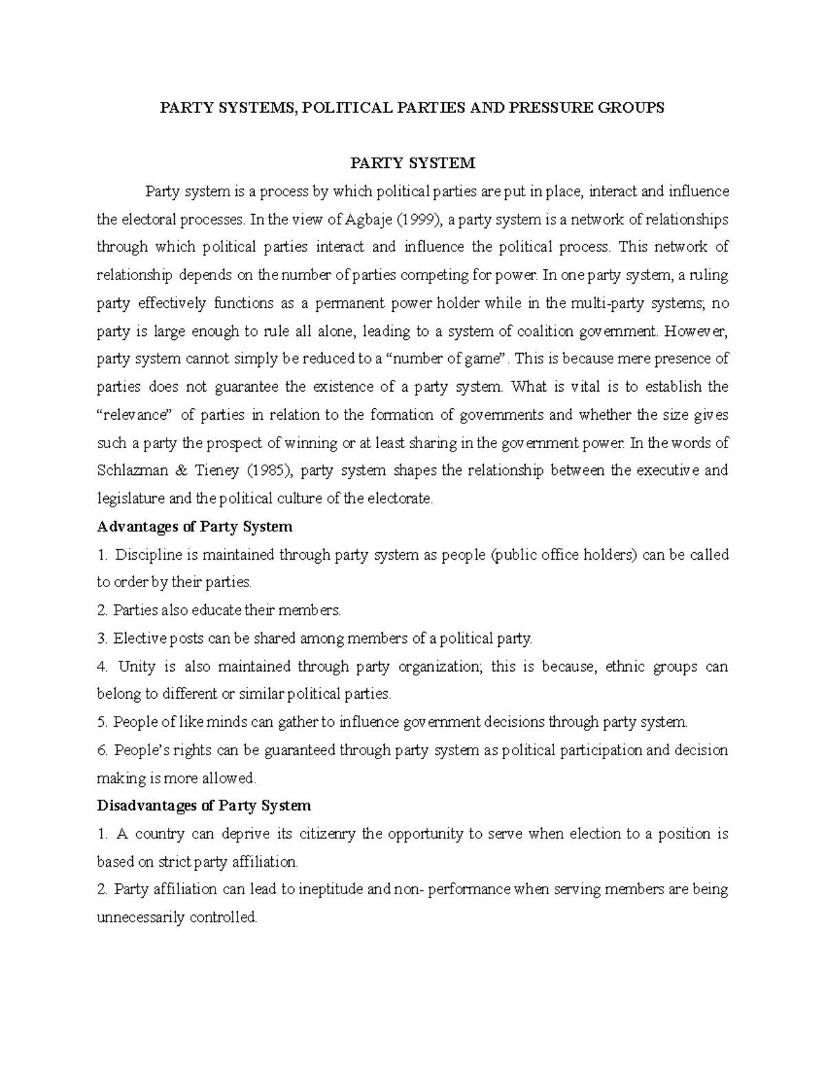 SSC 104 - Party System- Political Parties AND Pressure Groups - PARTY ...