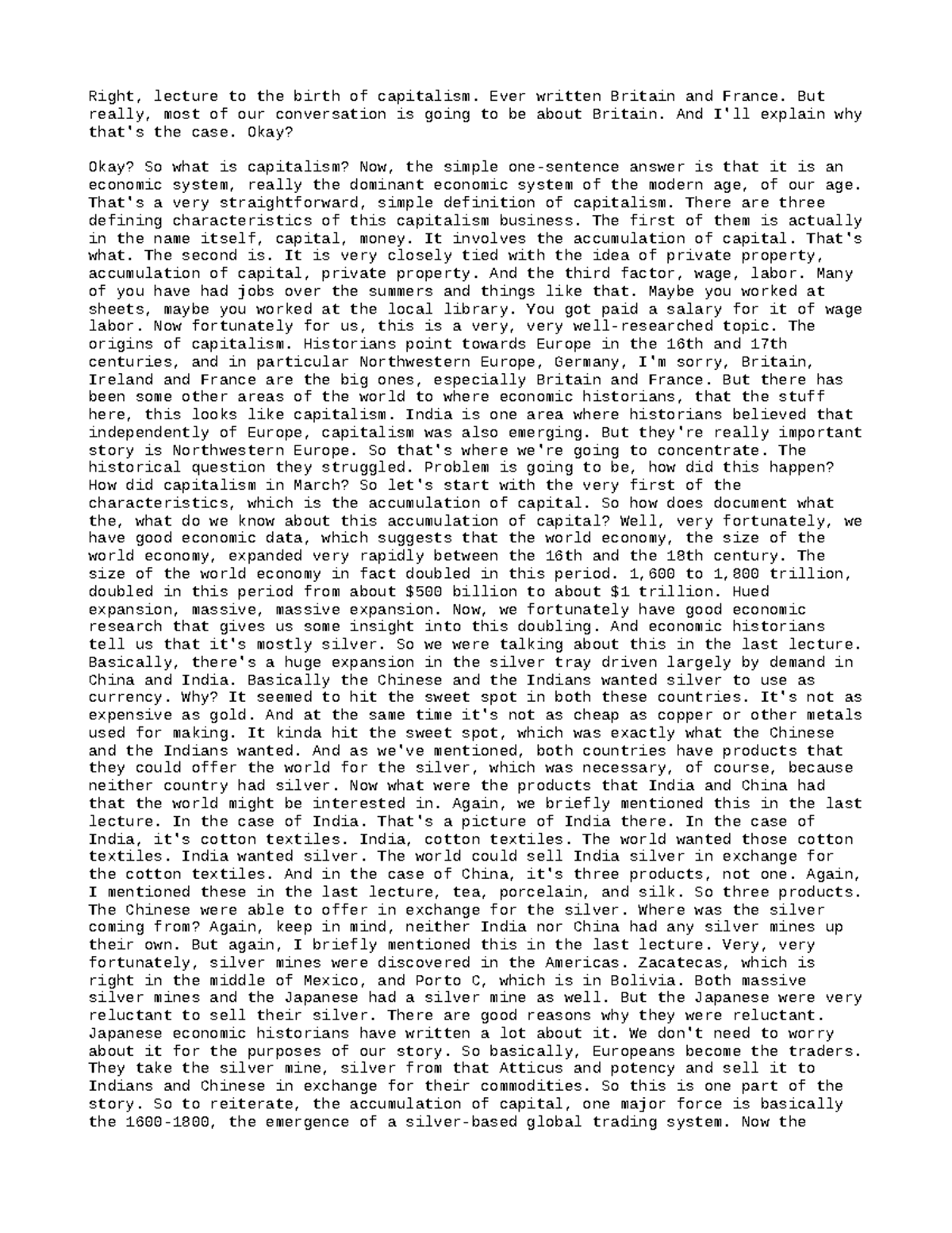 The Birth of Capitalism - Right, lecture to the birth of capitalism ...