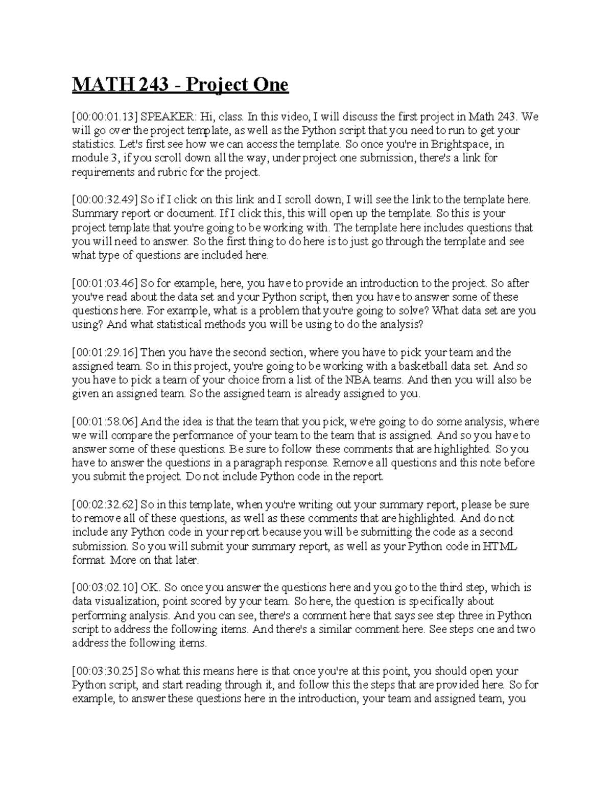 MAT 243 Project One Transcript - MATH 243 - Project One [00:00:01 ...