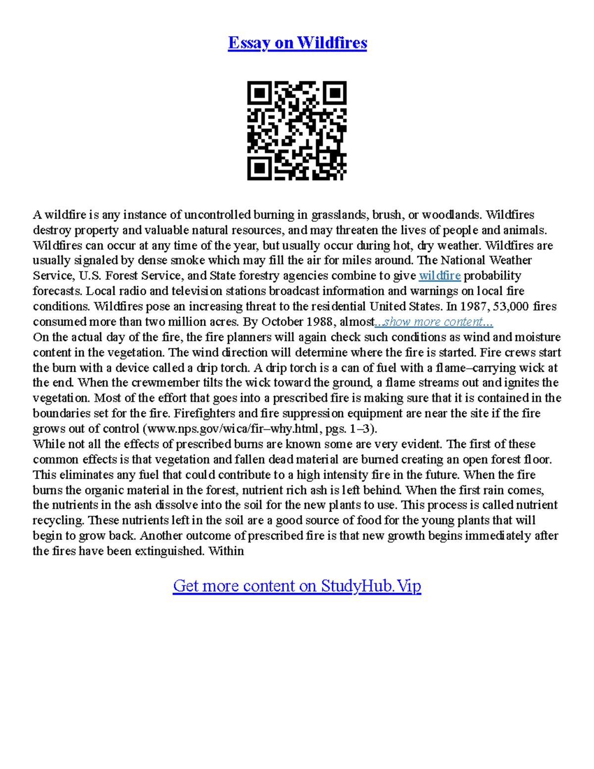 Explanatory Essay Sample - Essay on Wildfires A wildfire is any ...