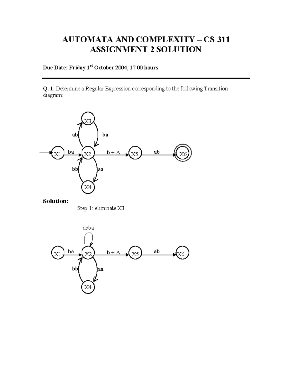 Automata Assignment 2 Solution Automata And Complexity Cs 311 Assignment 2 Solution Due Date