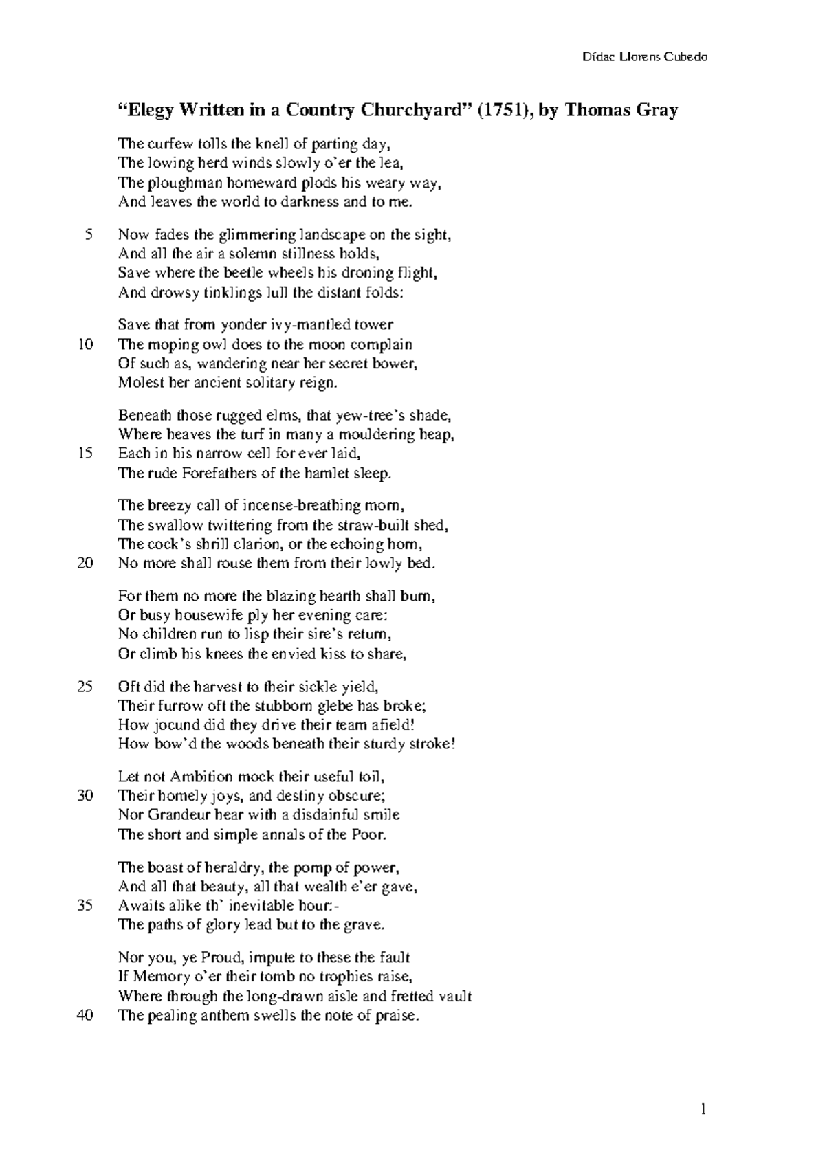 Thomas Gray Elegy Reading Guide - “Elegy Written in a Country ...
