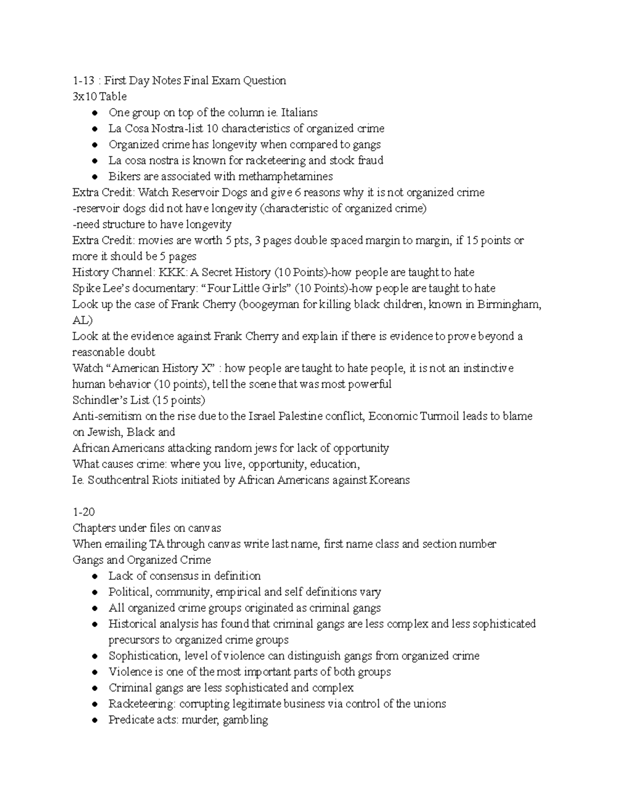 JUST 4940 Notes - 1-13 : First Day Notes Final Exam Question 3x10 Table ...
