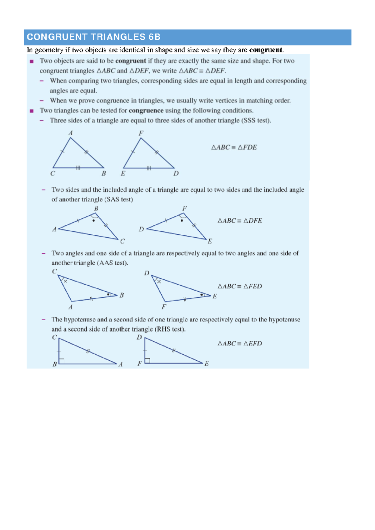 6B Congruent triangles - CONGRUENT TRIANGLES 6B In geometry if two ...