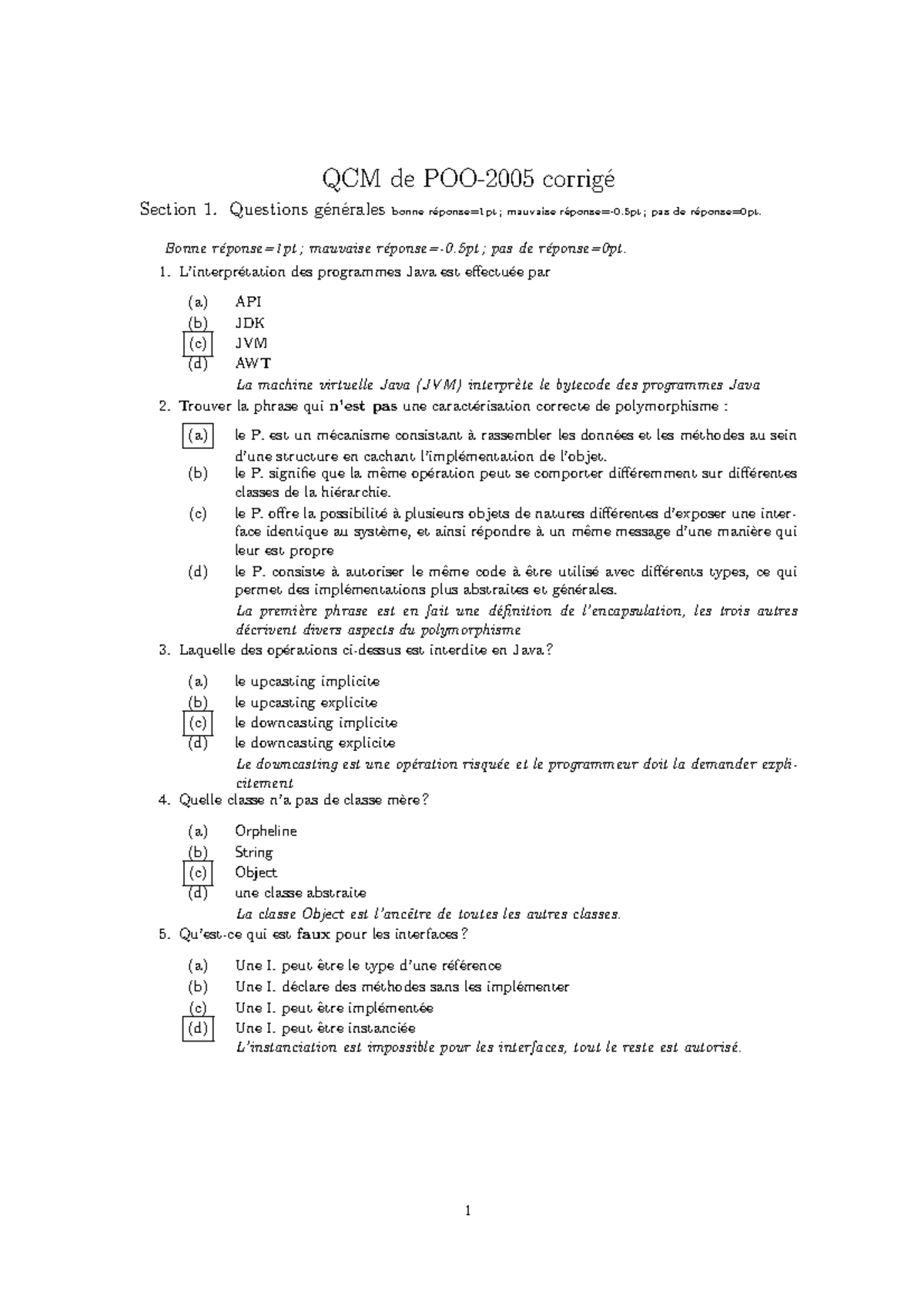 Qcm2005 corr - Questions générales de POO - QCM de POO-2005 corrig ́e ...