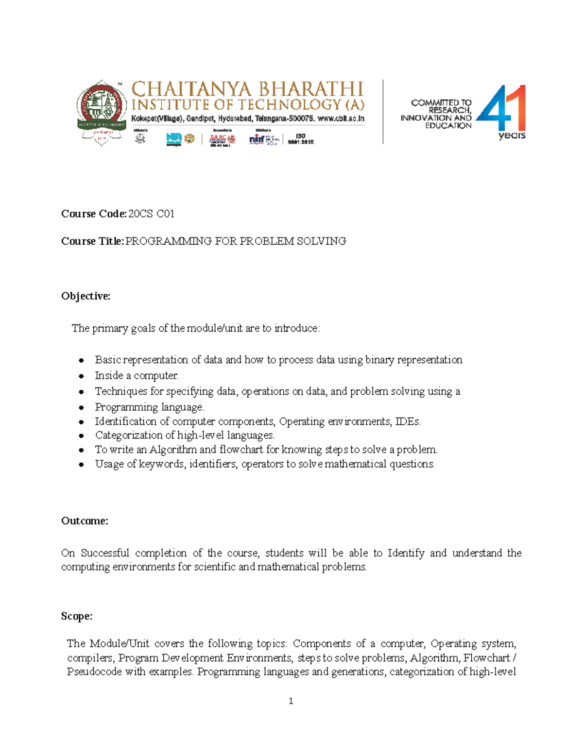 15 PPS notes - Course Code: 20CS C Course Title: PROGRAMMING FOR ...