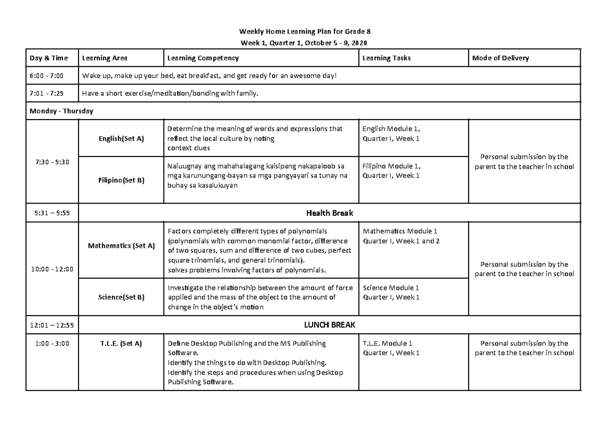 Feismo - Weekly Home Learning Plan for Grade 8 Week 1, Quarter 1 ...