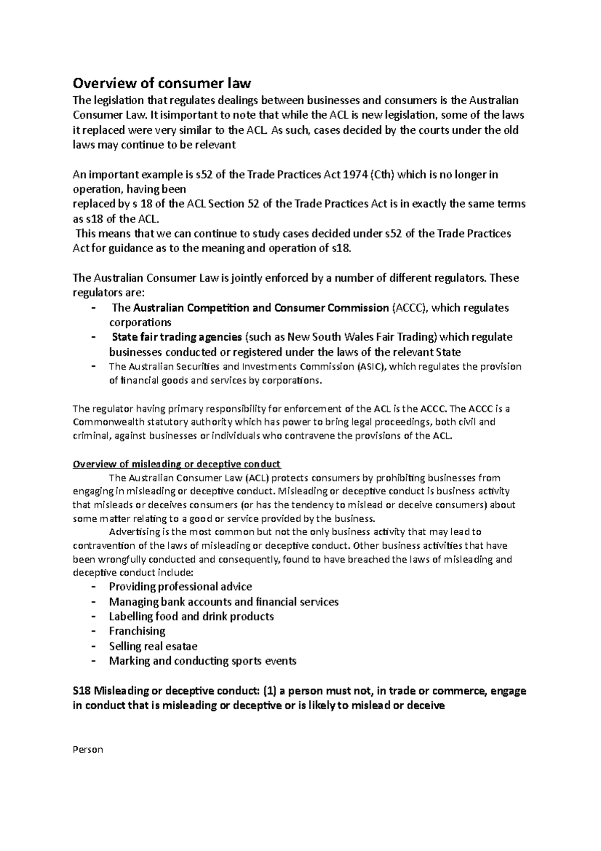 Overview of consumer law - It isimportant to note that while the ACL is ...