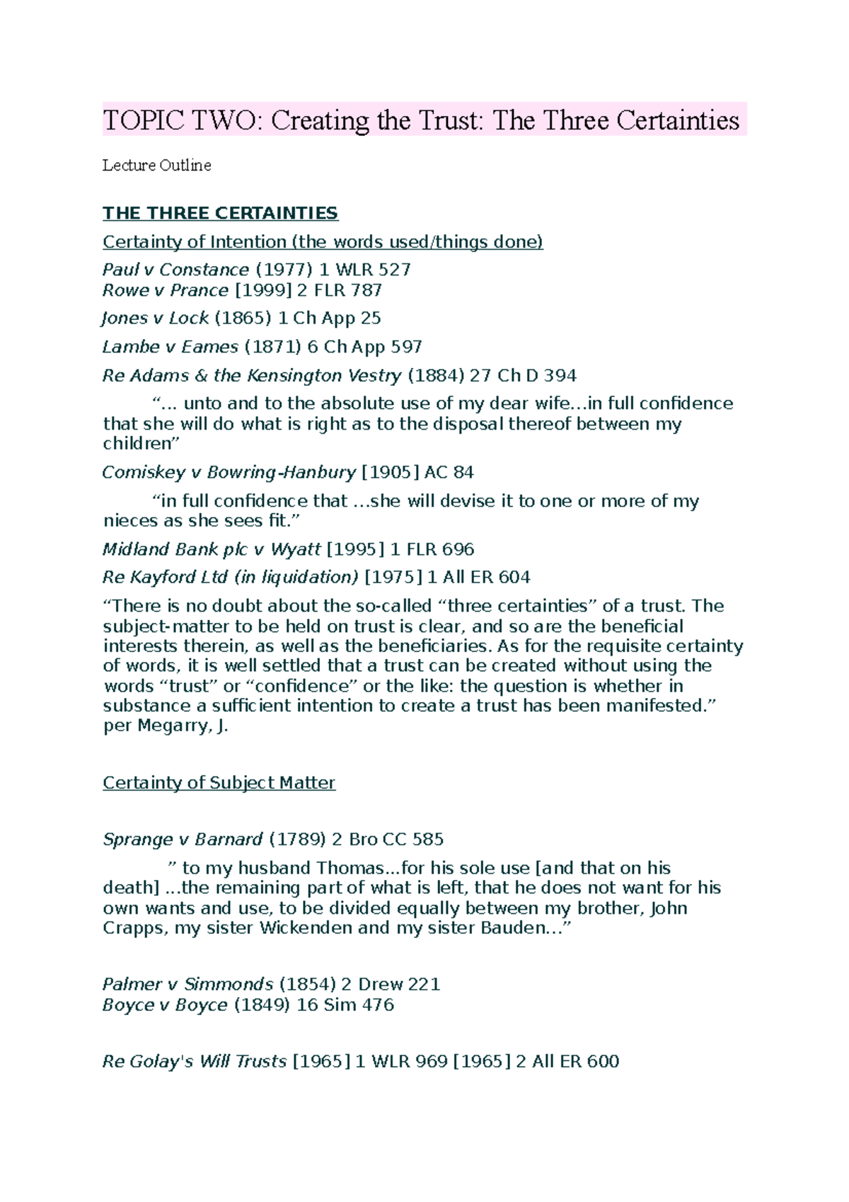 Equity and trusts topic creating the trust - TOPIC TWO: Creating the Trust: The Three ...