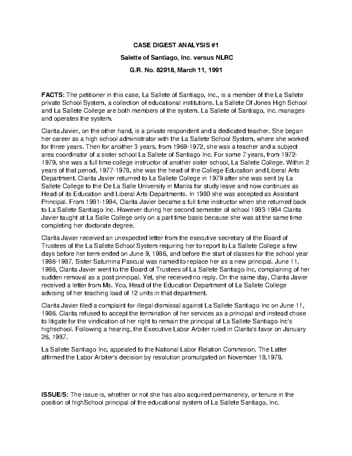 CASE Digest Analysis #5 - CASE DIGEST ANALYSIS Salette of Santiago, Inc ...