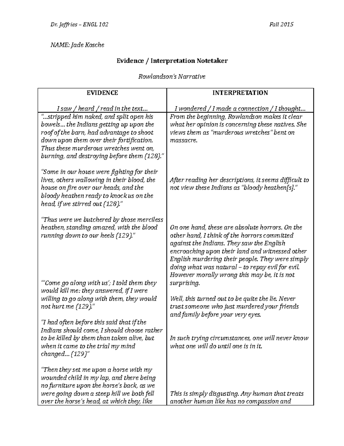 Evidence-Interpretation Notetaker for Rowlandson's Narrative - NAME ...