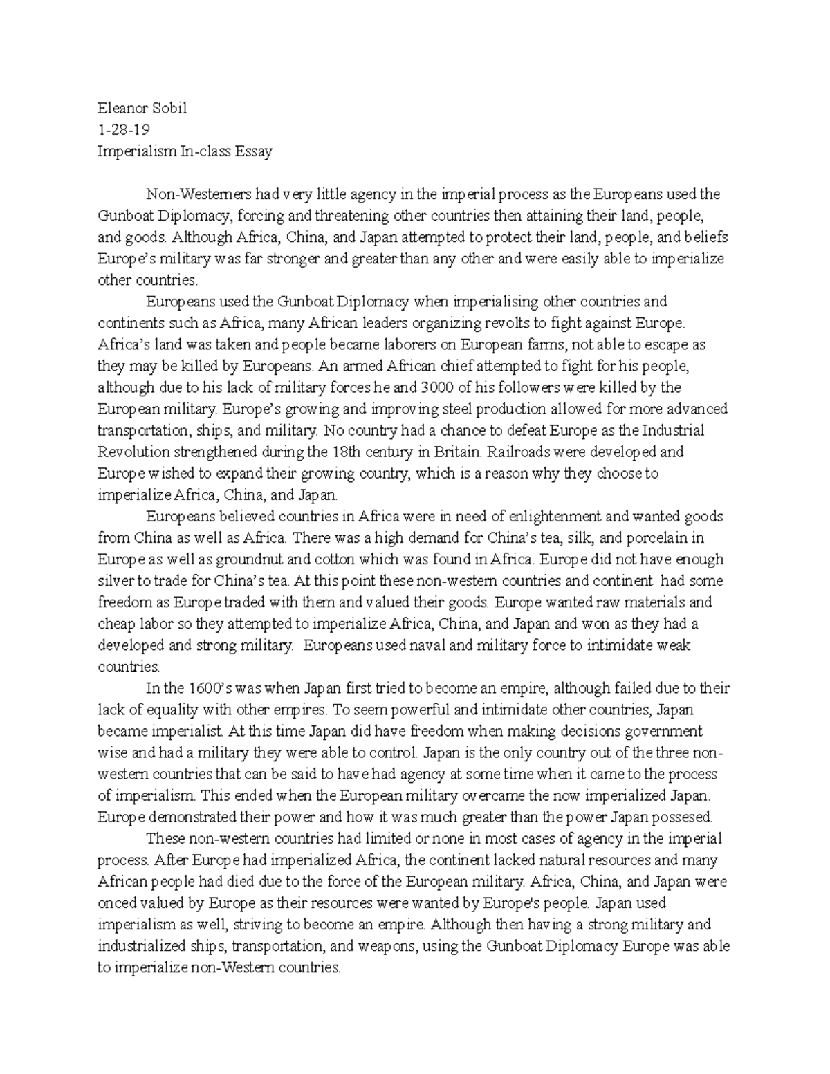Imperialism in class Essay - Eleanor Sobil 1-28- Imperialism In-class ...
