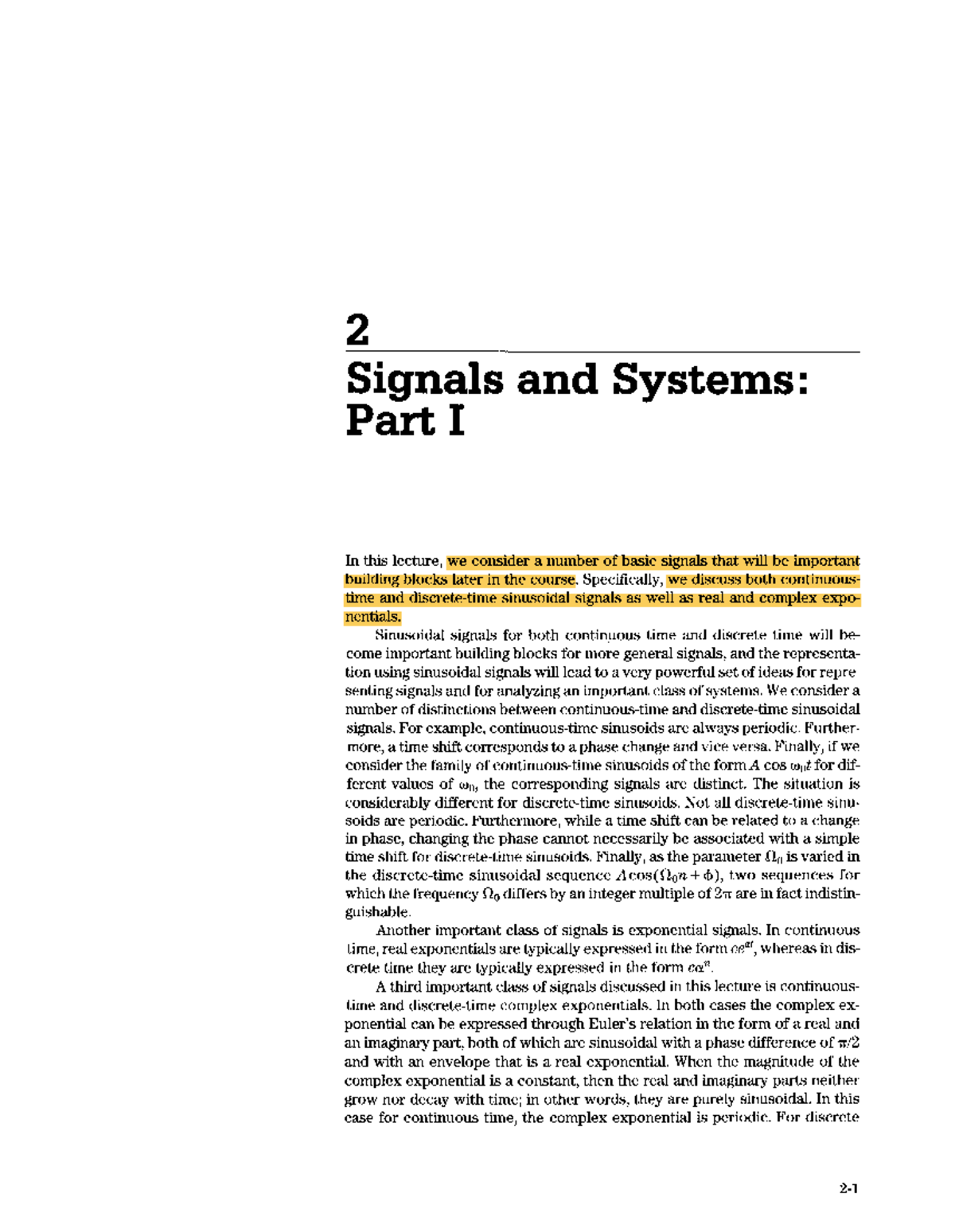 Lecture 2 Signals and Systems - 2 Signals and Systems: Part I In this ...