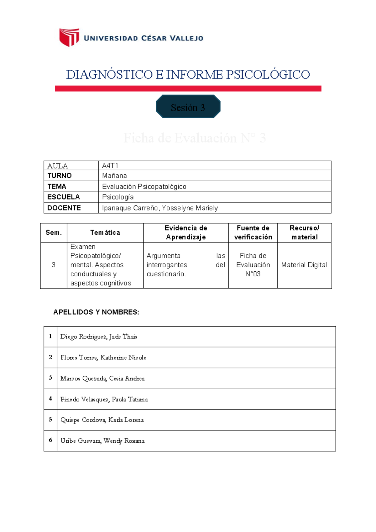 S3 - Ficha DE Evaluación -DIAG-INFO - 2024-2 - AULA A4T TURNO Mañana TEMA Evaluación ...